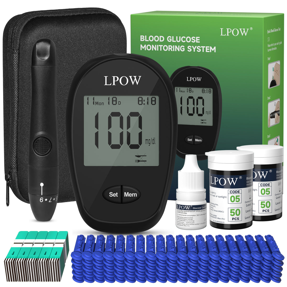 LPOW Blood Glucose Monitor Kit, 100 Glucometer Strips, 100 Lancets, 1 ...