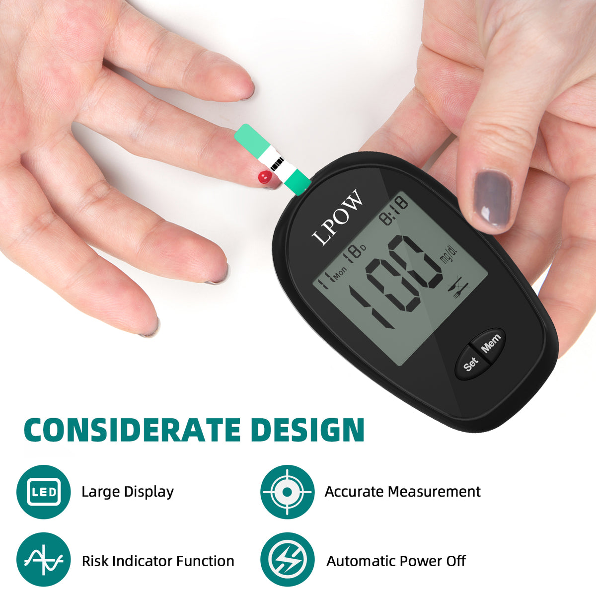 LPOW Blood Glucose Monitor Kit, 100 Glucometer Strips, 100 Lancets, 1 ...